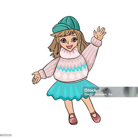 스웨터와 모자를 쓴 소녀가 손을 흔들고 있습니다 환영 기호 흰색 배경의 벡터 문자 가공의 인물에 대한 스톡 벡터 아트 및 기타 이미지 가공의 인물 개발 교육 Istock