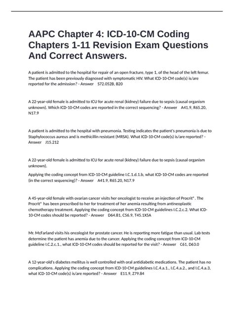 Aapc Chapter 4 Icd 10 Cm Coding Chapters 1 11 Revision Exam Questions And Correct Answers