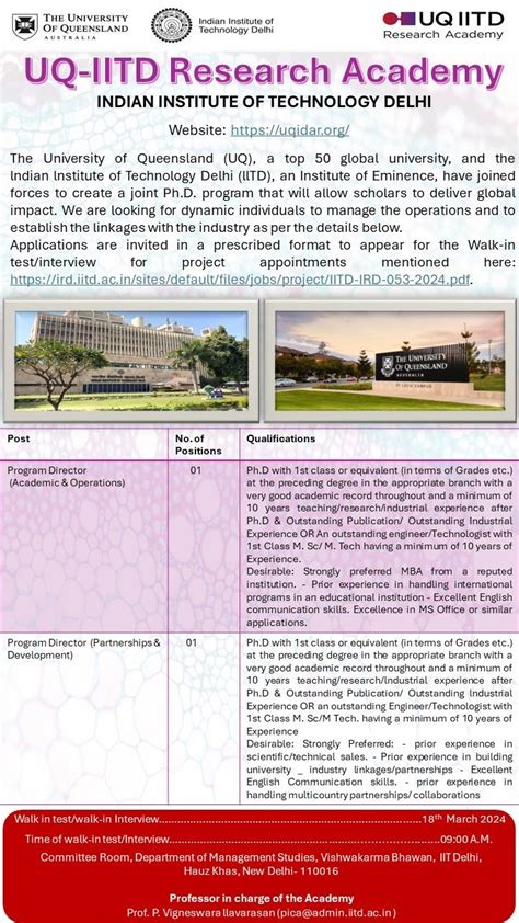 The Uq Iitd Research Academy Is Inviting Applications For Project Appointments Post Program