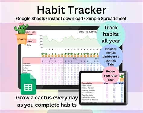Habit Tracker Spreadsheet Google Sheets Daily Weekly Monthly Annual Goal Setting Digital