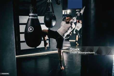 권투 글러브와 스포츠에 있는 근육 강력한 백인 킥 복 서와 어두운 체육관에서 가방을 걷어 차 스포츠 훈련에 대한 스톡 사진 및 기타 이미지 Istock