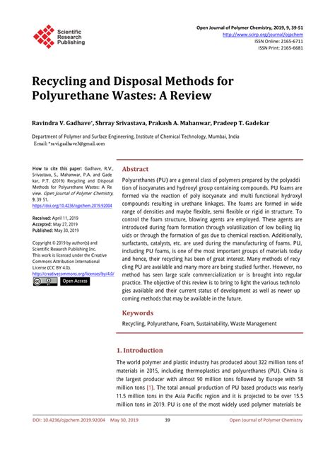 Pdf Recycling And Disposal Methods For Polyurethane Wastes A Review