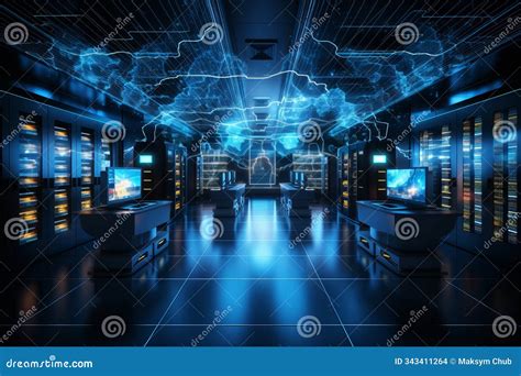 High Tech Data Center With Illuminated Servers And Holographic Projections Of Network Maps Stock