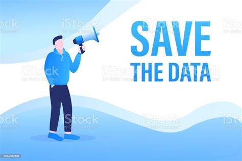 파란색템플릿은 전단지 디자인을 위해 흰색 배경에 메가폰을 들고 있는 데이터 맨을 저장합니다 플랫 스타일로 벡터 그림 개념에 대한 스톡 벡터 아트 및 기타 이미지 Istock
