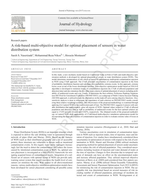 Pdf A Risk Based Multi Objective Model For Optimal Placement Of Sensors In Water Distribution