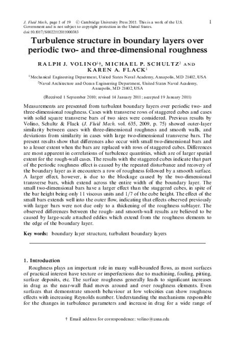 Pdf Turbulence Structure In Boundary Layers Over Periodic Two And Three Dimensional Roughness