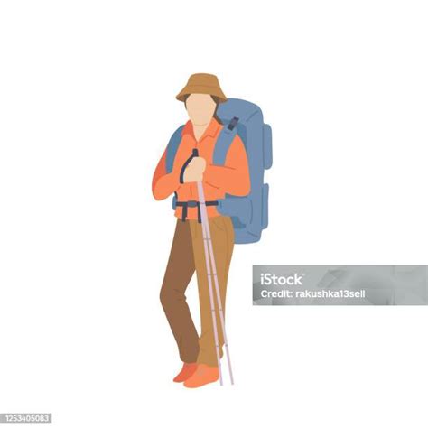 하이킹 배낭 모자 트레킹 스틱을 가진 여성 스포츠웨어를 착용한 젊은 탐험가 또는 여행자 모험 관광 여행 및 발견 평면 벡터 일러스트레이션 배낭에 대한 스톡 벡터 아트 및