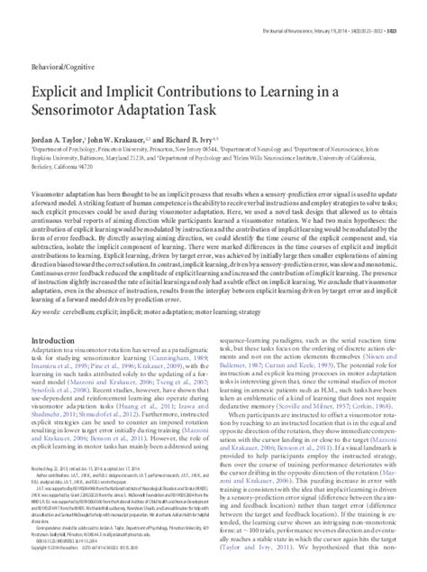 Pdf Explicit And Implicit Contributions To Learning In A Sensorimotor Adaptation Task