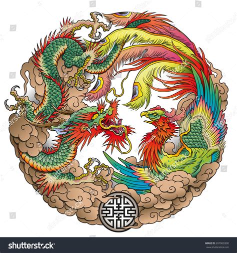 Oriental Dragon Phoenix Circle Color Stock Vector Royalty Free 697069390 Shutterstock