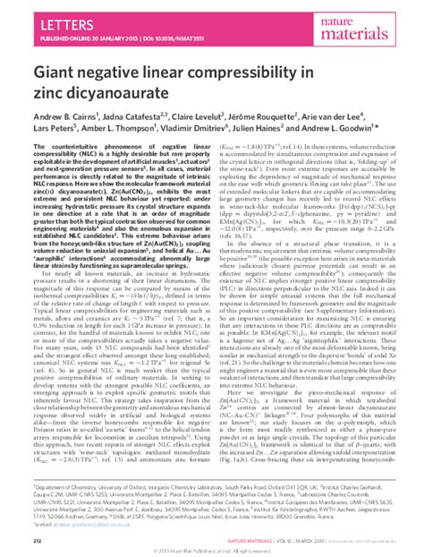 Pdf Giant Negative Linear Compressibility In Zinc Dicyanoaurate