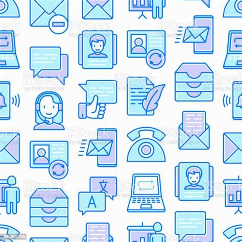 얇은 선 아이콘으로 통신 원활한 패턴 이메일 전화 채팅 연락처 주석 받은 편지함 번역기 프레 젠 테이 션 메시지 화면 공유 지원 벡터 일러스트입니다 Brand Name