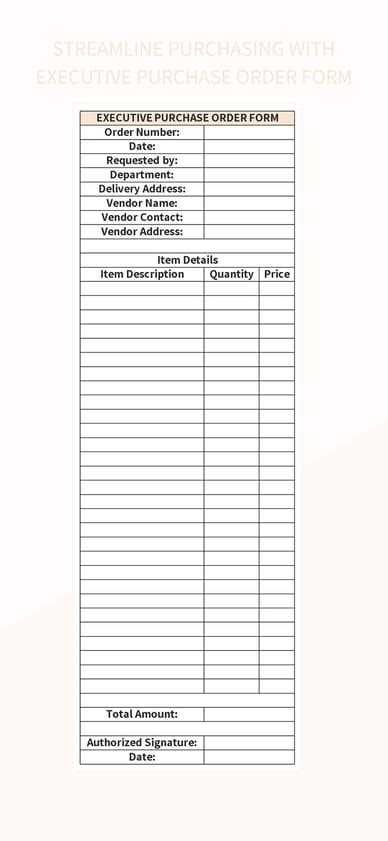 Streamline Purchasing With Executive Purchase Order Form Excel Template And Google Sheets File