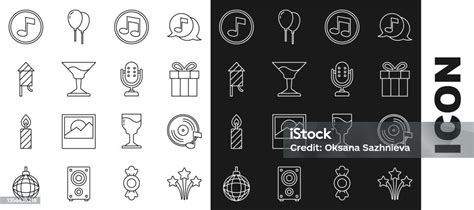 세트 라인 불꽃 공사 비닐 디스크 선물 상자 음악 노트 톤 칵테일 로켓 마이크 아이콘 벡터 Pyrotechnic Effects에