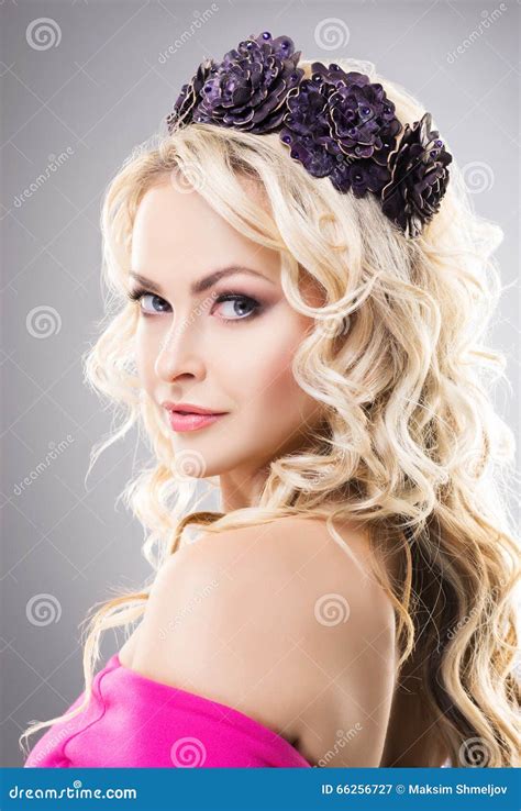 Portrait Gorgeous Young Lady Wearing Pink Dress Purple Wreath Photos
