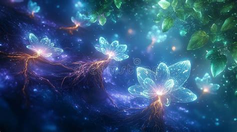 Surreal Abstract Scene With Floating Alien Floral Forms And Glowing Botanical Elements Stock