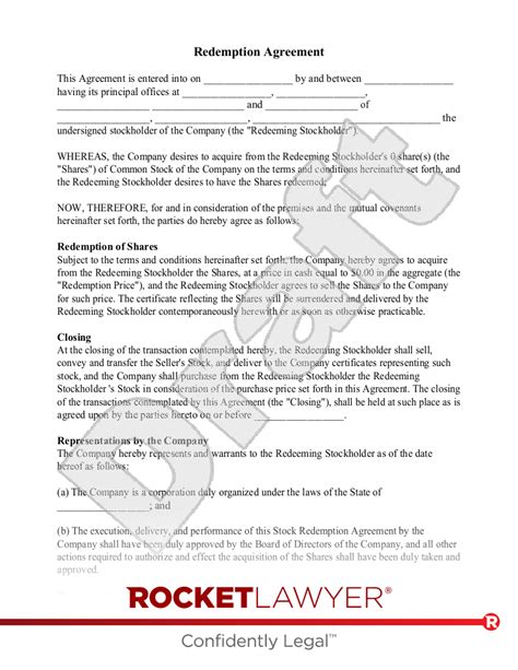 Free Redemption Agreement Make And Download Rocket Lawyer