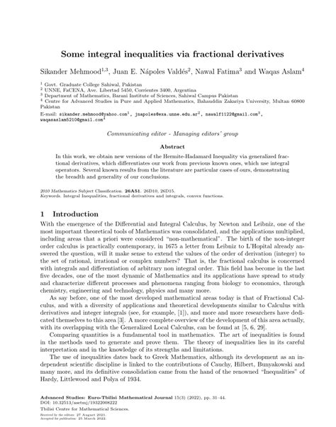 Pdf Some Integral Inequalities Via Fractional Derivatives