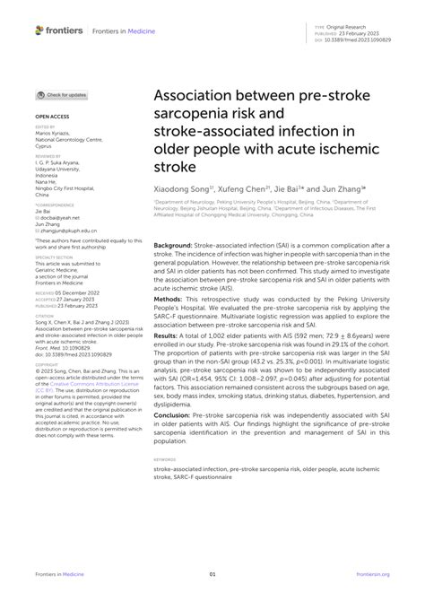 Pdf Association Between Pre Stroke Sarcopenia Risk And Stroke Associated Infection In Older