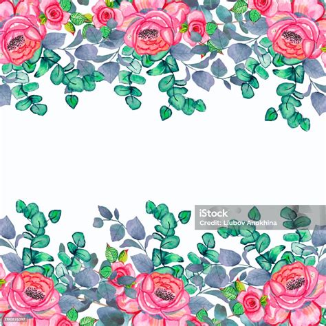 수채화흰색 배경에 장미와 유칼립투스 가지의 분홍색 꽃꽃 프레임 평면 평신도 상단보기 디자인 초대장 및카드 구도에 대한 스톡 벡터