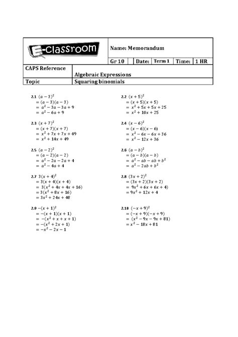 Gr10t1 Algebraic Expressions 3 Memo Name Memorandum Gr 10 Date Term