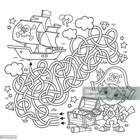 미로 또는 미로 게임 수수께끼 얽힌 도로 색칠 공부 페이지 보물 상자와 만화 해적의 개요 해적선 아이들을위한 색칠 공부 책