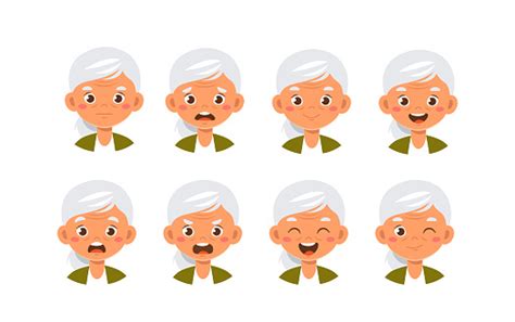 늙은 여자 생성자 다양한 감정과 감정을 가진 할머니 사용자 정의를 위한 키트 머리와 얼굴의 팩 노인 및 연금 수급자 플랫 벡터 컬렉션 개성 개념에 대한 스톡 벡터 아트 및