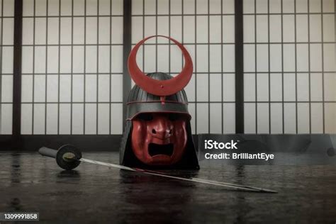 전통적인 일본식 방에 누워 있는 카타나 칼 옆에 고대 사무라이 헬멧 타입의 3d 렌더링 사무라이에 대한 스톡 사진 및 기타 이미지 사무라이 사무라이 검 보호 마스크