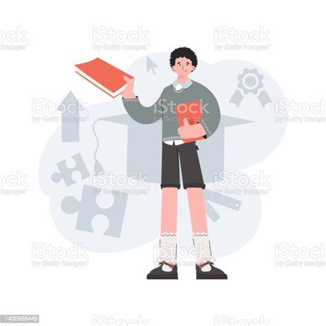 그 남자는 책으로 완전히 성장하고 있습니다 온라인 학교 프리젠 테이션 사이트를위한 요소 개념에 대한 스톡 벡터 아트 및 기타
