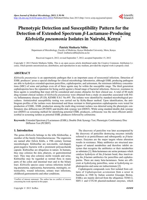 Pdf Phenotypic Detection And Susceptibility Pattern For The Detection Of Extended Spectrum β