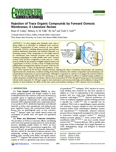 Pdf Rejection Of Trace Organic Compounds By Forward Osmosis Membranes A Literature Review