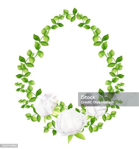 수채화 꽃 화환 손으로 그린 모란과 녹색 잎은 흰색 배경에 고립되어 있습니다 흰색 꽃과 녹지 프레임 초대장을위한 둥근 식물 디자인 날짜 카드를 저장합니다 0명에 대한 스톡