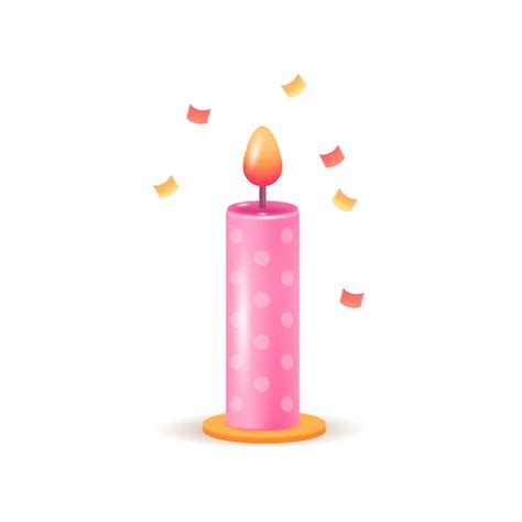 색종이 3d 벡터 일러스트와 함께 촛불 흰색 배경에 고립 된 만화 스타일의 깜짝 생일 파티 케이크 장식 아이콘 기념일 휴일 행복 개념 프리미엄 벡터