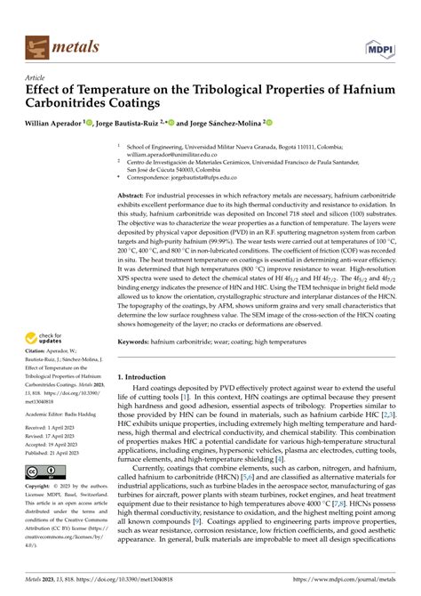 Pdf Effect Of Temperature On The Tribological Properties Of Hafnium