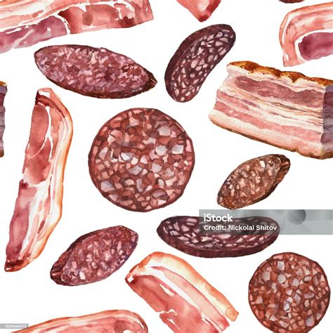 원활한 패턴 베이컨 햄 소시지 아침 식사에 대 한 돼지고기 고기 맛있는 음식 메뉴 디자인 수채화 수채화에 대한 스톡 벡터 아트 및 기타 이미지 Istock