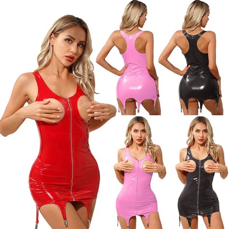 Women Sexy Open Chest Mini Dress Lingerie Wet Look Patent Leather