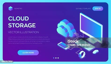 ที่เก็บข้อมูลบนคลาวด์ แนวคิดเกี่ยวกับเทคโนโลยีคลาวด์คอมพิวติ้ง พร้อมไอค ภาพประกอบสต็อก ดาวน์