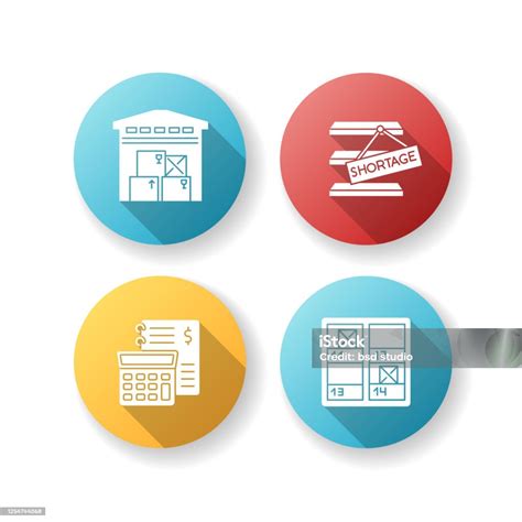 창고 관리 플랫 디자인 긴 그림자 글리프 아이콘 세트 상품 계수 부족 식별 금융 부기 저장 보관 저장 제어 실루엣 Rgb 컬러 일러스트레이션 개념에 대한 스톡 벡터 아트 및