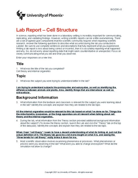 Bio290 V3 Wk2 The Cell Structure Lab Report BIO 290 V Lab Report Cell Structure In Science