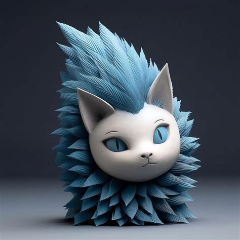 Premium Ai Image Reborn 3d Printed Cat Figurine With Blue Feathers And Unique Yokai Illustrations