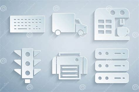 Set Printer Coffee Machine Traffic Light Server Data Web Hosting Delivery Cargo Truck And