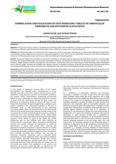 Pdf Formulation And Evaluation Of Fast Dissolving Tablets Of Amoxycillin Trihydrate And