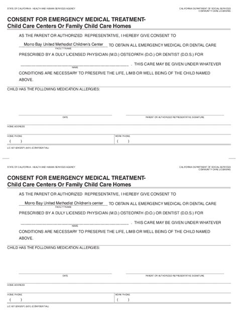 Fillable Online Form Lic 627 Consent For Emergency Medical Treatment