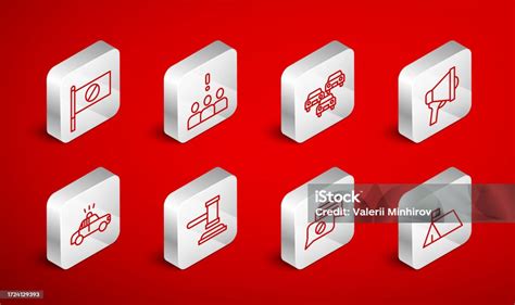 라인 시위 캠프 군중 항의 교통 체증 확성기 말풍선 채팅 판사 망치 및 경찰차 및 점멸 아이콘을 설정하십시오 벡터 3차원 형태에 대한 스톡 벡터 아트 및 기타 이미지