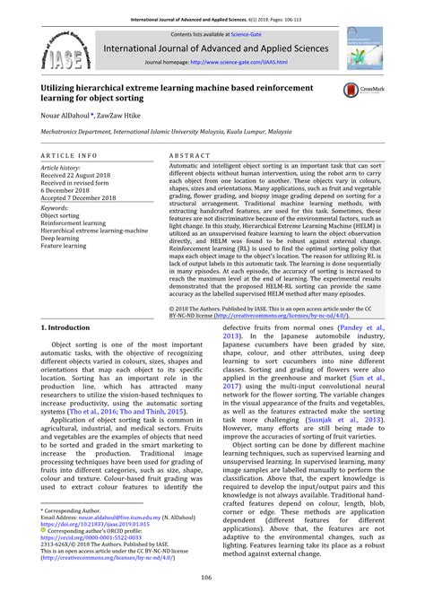 Utilizing Hierarchical Extreme Learning Machine Based Reinforcement Learning For Object Sorting