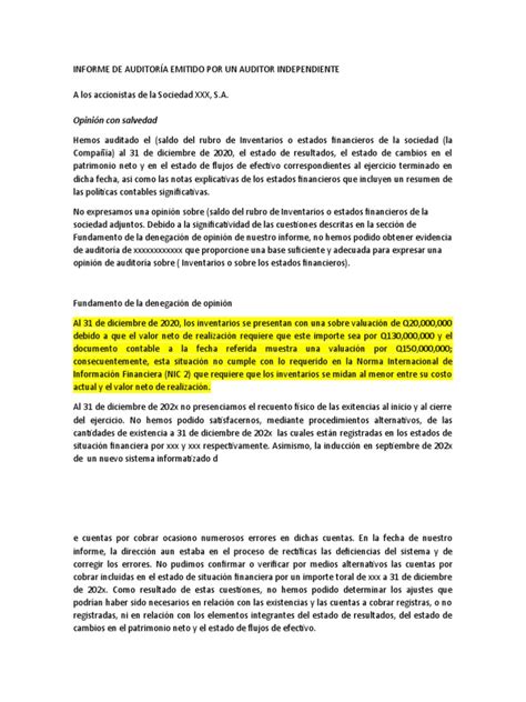 Informe De Auditoría Emitido Por Un Auditor Independiente Pdf