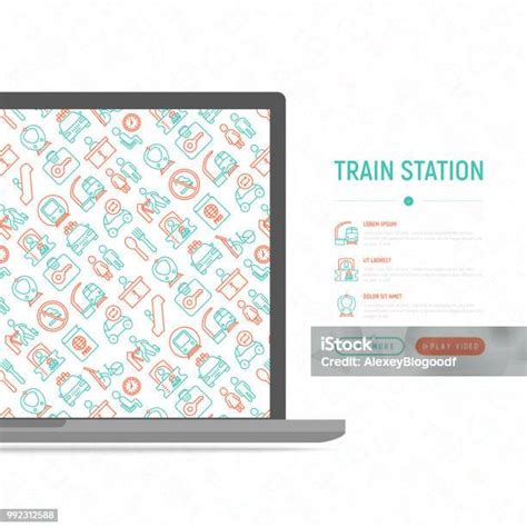 얇은 선 아이콘으로 기차 역 개념 정보 매표소 화장실 택시 지하철 대기실 짐 보관소 개찰 구 푸드 코트 아니 흡연 자전거 임대 현대 벡터 일러스트 레이 션 0명에 대한 스톡