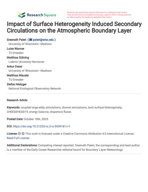 Pdf Impact Of Surface Heterogeneity Induced Secondary Circulations On The Atmospheric Boundary