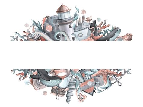 Un Faro Marino Con Ballenas Conchas Marinas Estrellas De Mar Corales