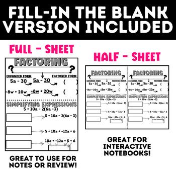 Factoring Simplifying Expressions Anchor Chart Review Sheet TPT
