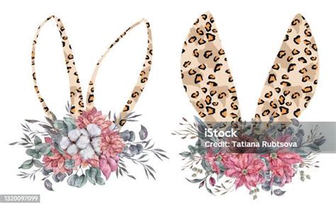 수채화 표범 부활절 꽃 토끼 귀 클립 아트 흰색 배경에 토끼 귀 녹색 잎과 분홍색 꽃다발 초대장 인사말 카드 티셔츠 포스터에 사용할 수 있습니다 수채화 세트 배경 주제에